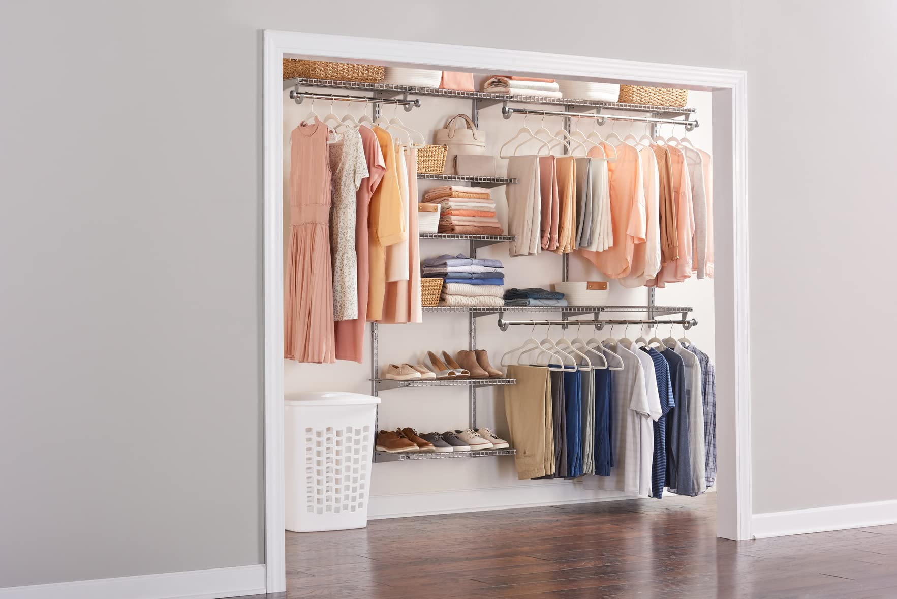 Rubbermaid Configurations Deluxe Closet Kit, Titanium, 4-8 Ft., Wire Shelving Kit with Expandable Shelving and Telescoping Rods, Custom Closet Organization System, Easy Installation