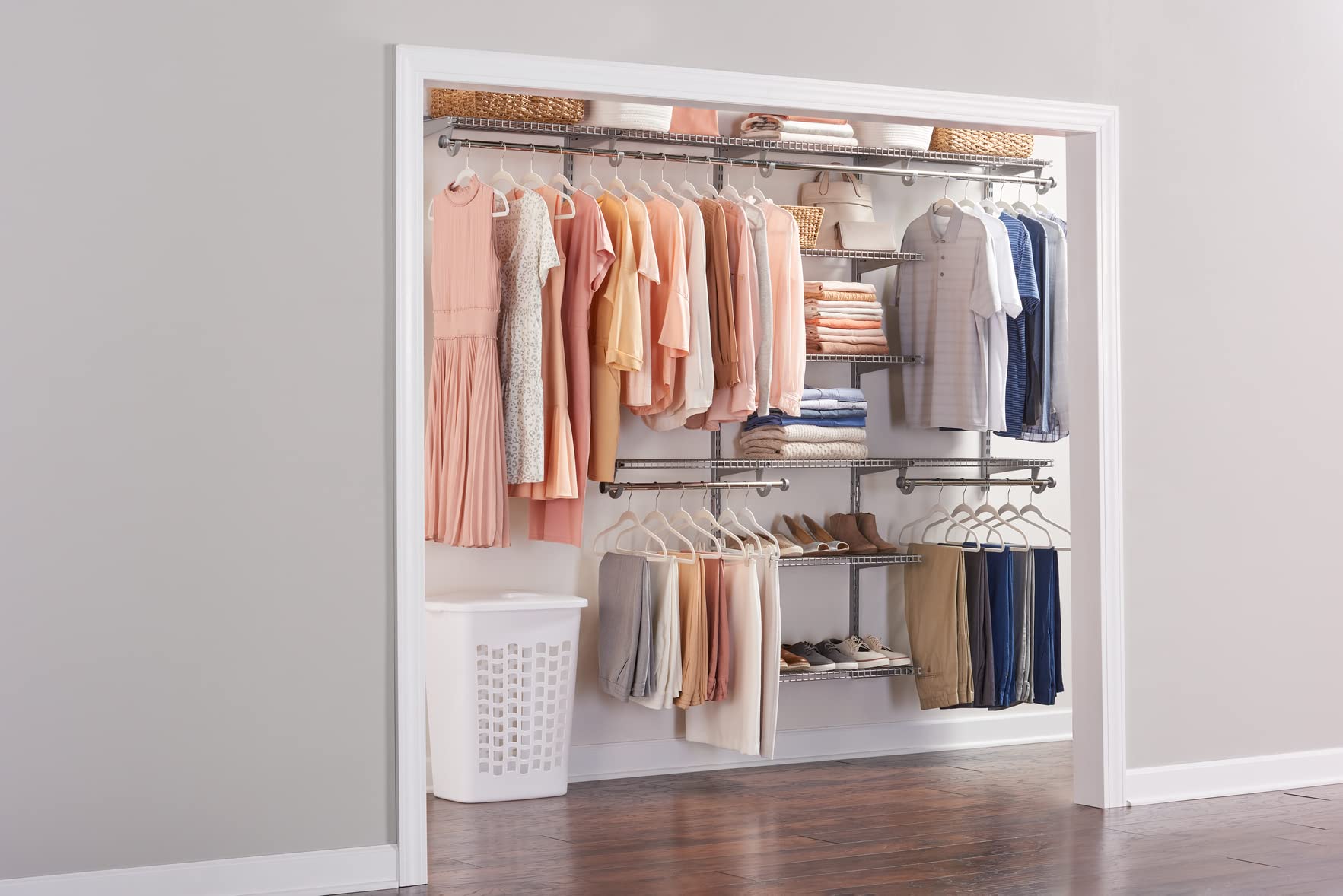 Rubbermaid Configurations Deluxe Closet Kit, Titanium, 4-8 Ft., Wire Shelving Kit with Expandable Shelving and Telescoping Rods, Custom Closet Organization System, Easy Installation