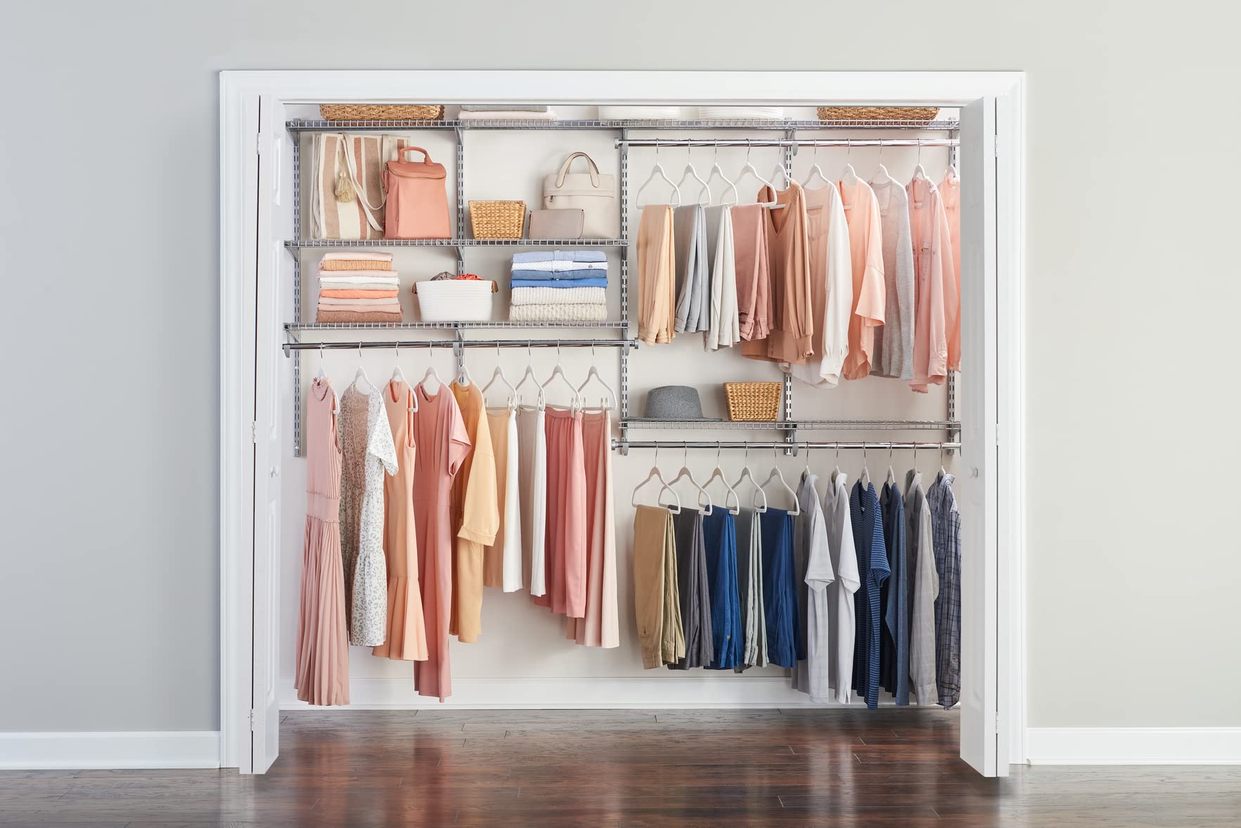 Rubbermaid Configurations Deluxe Closet Kit, Titanium, 4-8 Ft., Wire Shelving Kit with Expandable Shelving and Telescoping Rods, Custom Closet Organization System, Easy Installation