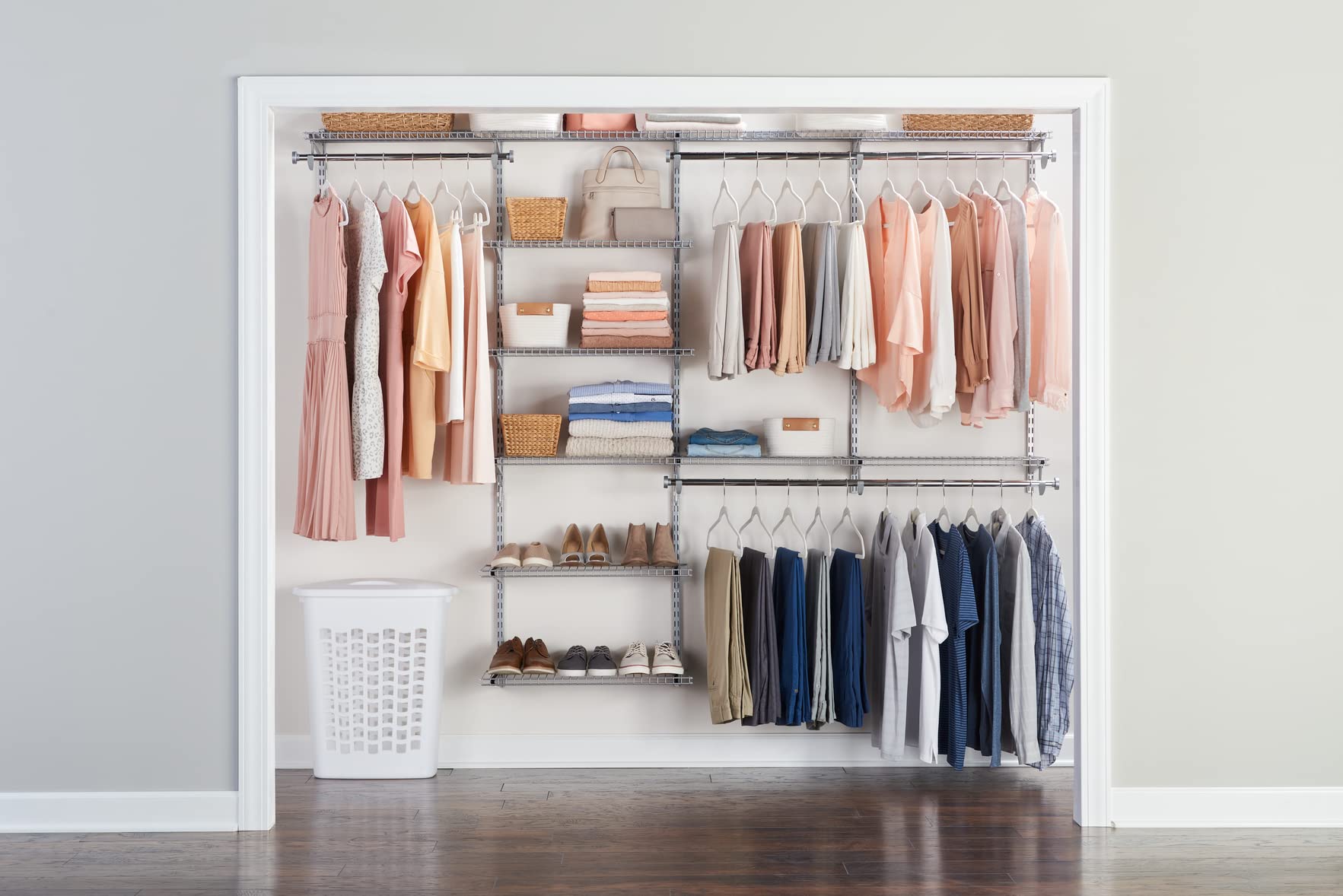 Rubbermaid Configurations Deluxe Closet Kit, Titanium, 4-8 Ft., Wire Shelving Kit with Expandable Shelving and Telescoping Rods, Custom Closet Organization System, Easy Installation
