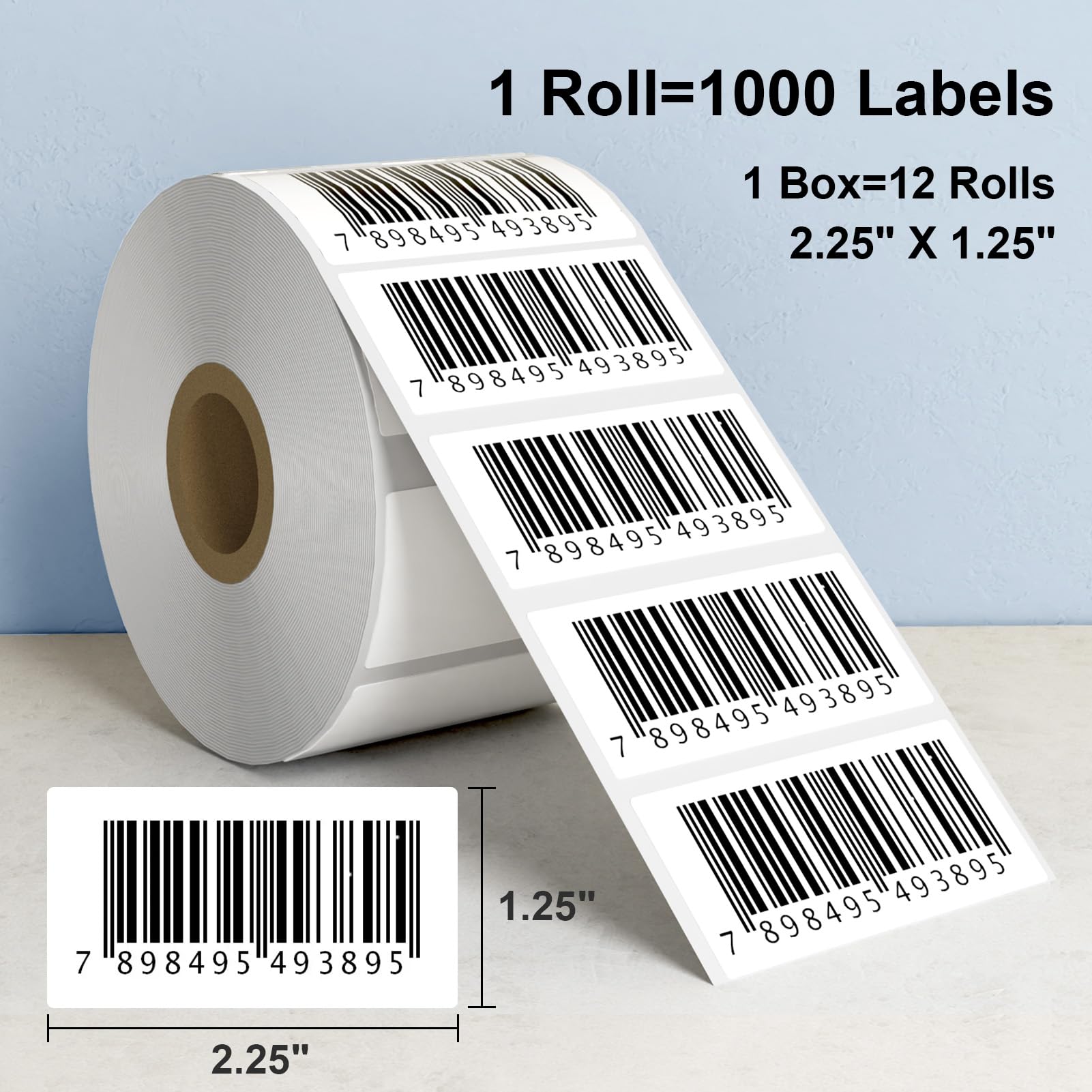MaxGear 2.25" X 1.25" Direct Thermal Labels, Perforated UPC Barcode & FBA Address Stickers, Premium Permanent Adhesive Shipping Labels, Compatible with Rollo & Zebra (12 Rolls, 1000 Labels/Roll)