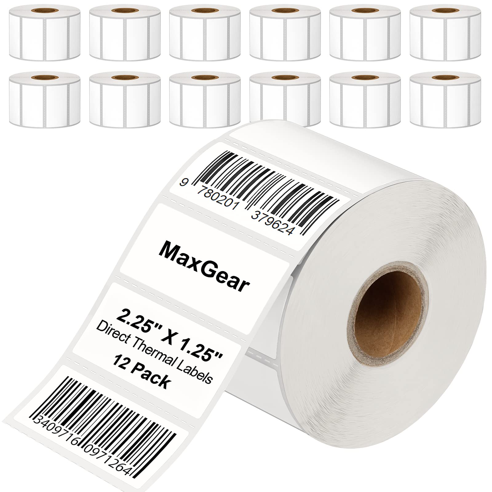 MaxGear 2.25" X 1.25" Direct Thermal Labels, Perforated UPC Barcode & FBA Address Stickers, Premium Permanent Adhesive Shipping Labels, Compatible with Rollo & Zebra (12 Rolls, 1000 Labels/Roll)