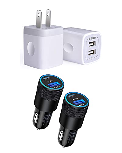 USB Wall Charger, AILKIN 2-Pack 2.1Amp Dual Port Quick Charger Plug Cube&2-Pack 3.4a Dual Port USB Fast Car Charger