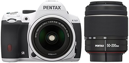 Pentax K-50 16MP Digital SLR Camera Kit with DA L 18-55mm WR f3.5-5.6 and 50-200mm WR Lenses (White) - International Version