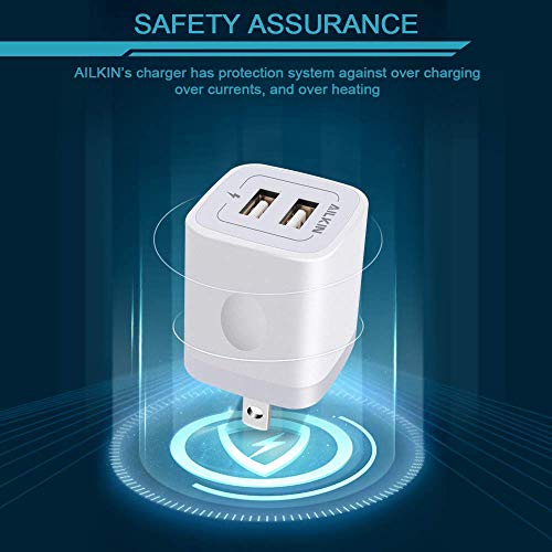 USB Wall Charger, AILKIN 2-Pack 2.1Amp Dual Port Quick Charger Plug Cube&2-Pack 3.4a Dual Port USB Fast Car Charger
