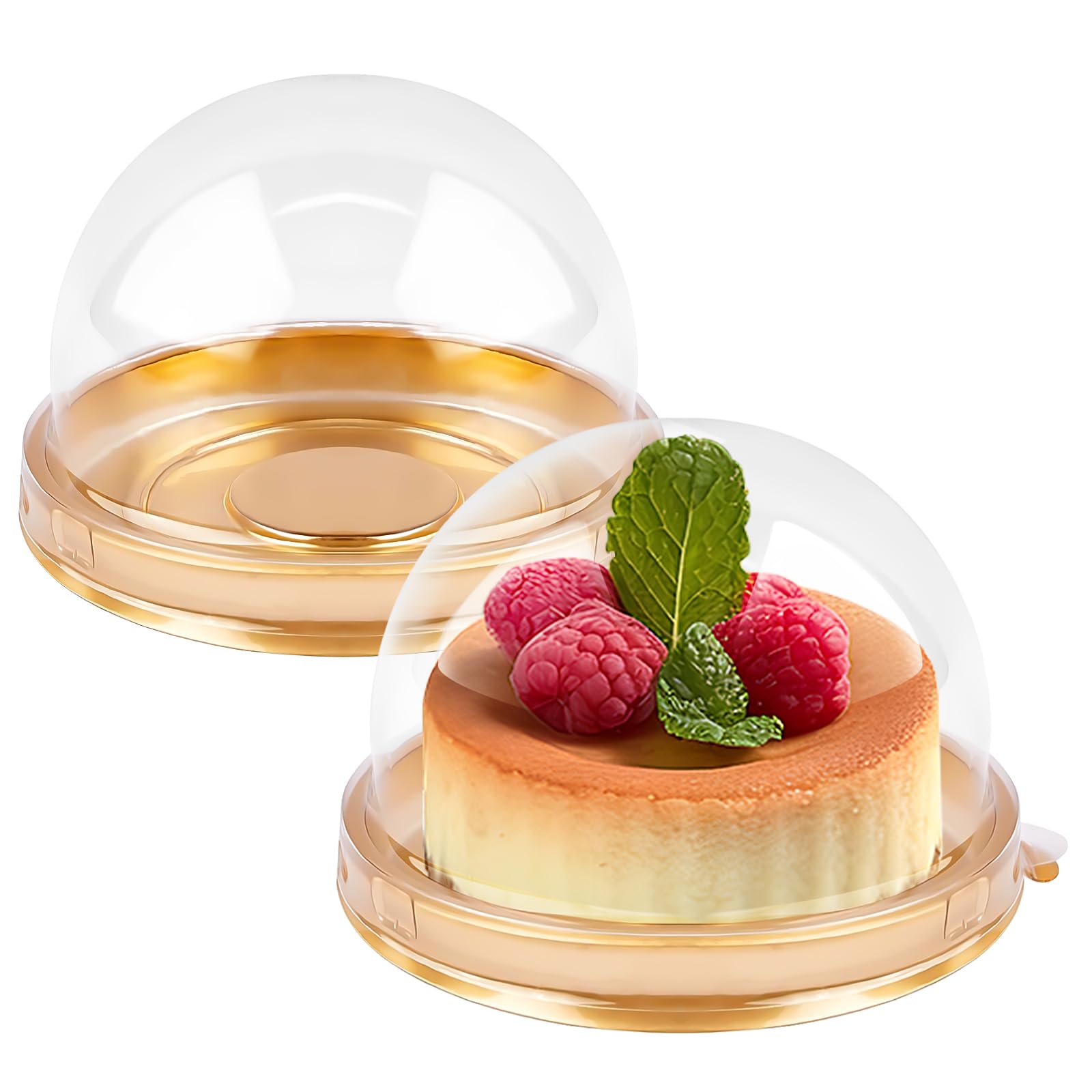 50 Pack Mini Bundt Cake Containers Clear Plastic Cupcake Box with Dome Lids for Chocolate Covered Cookies, Muffin, Cheesecake, Mooncake and Other Mini Desserts (Gold Base)