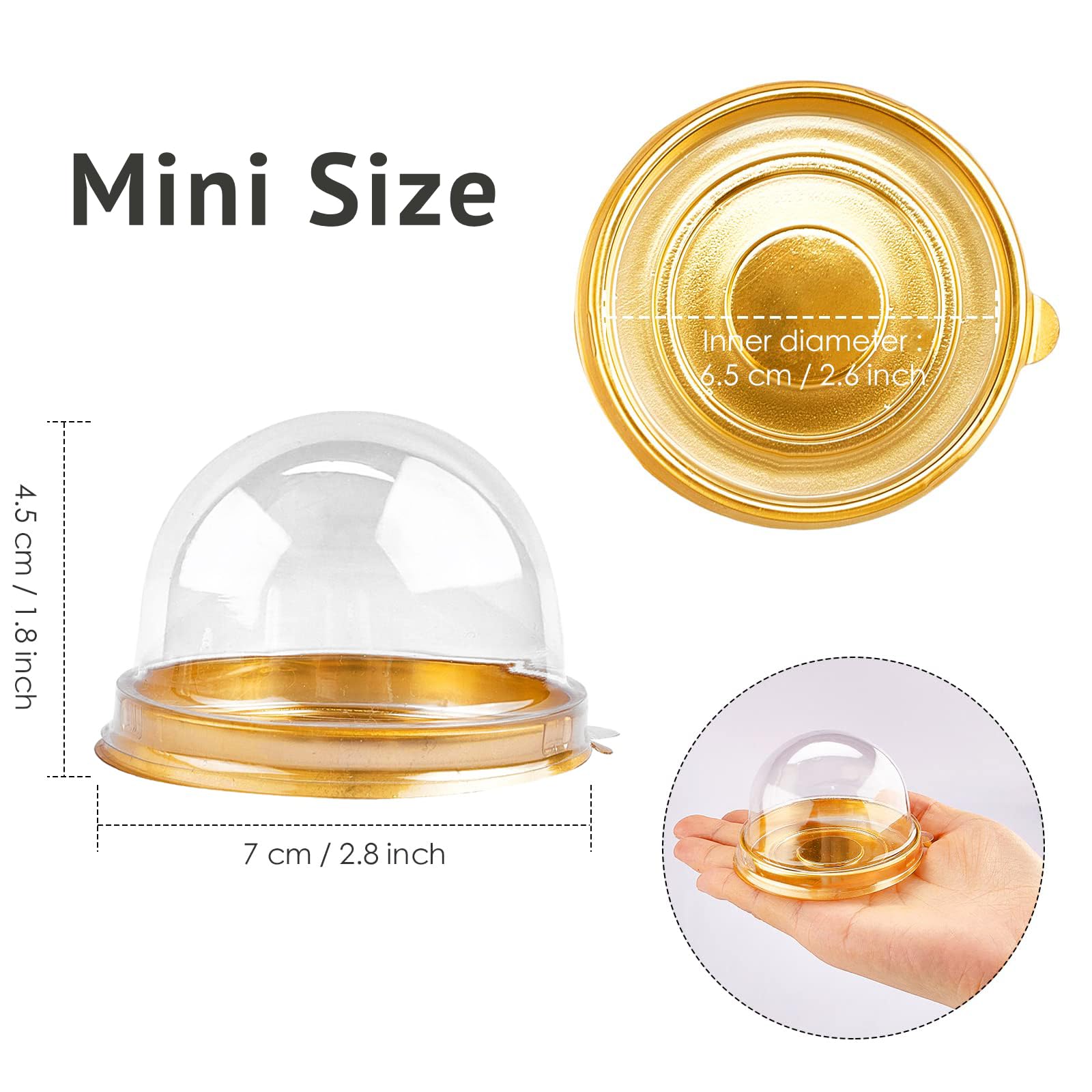 50 Pack Mini Bundt Cake Containers Clear Plastic Cupcake Box with Dome Lids for Chocolate Covered Cookies, Muffin, Cheesecake, Mooncake and Other Mini Desserts (Gold Base)