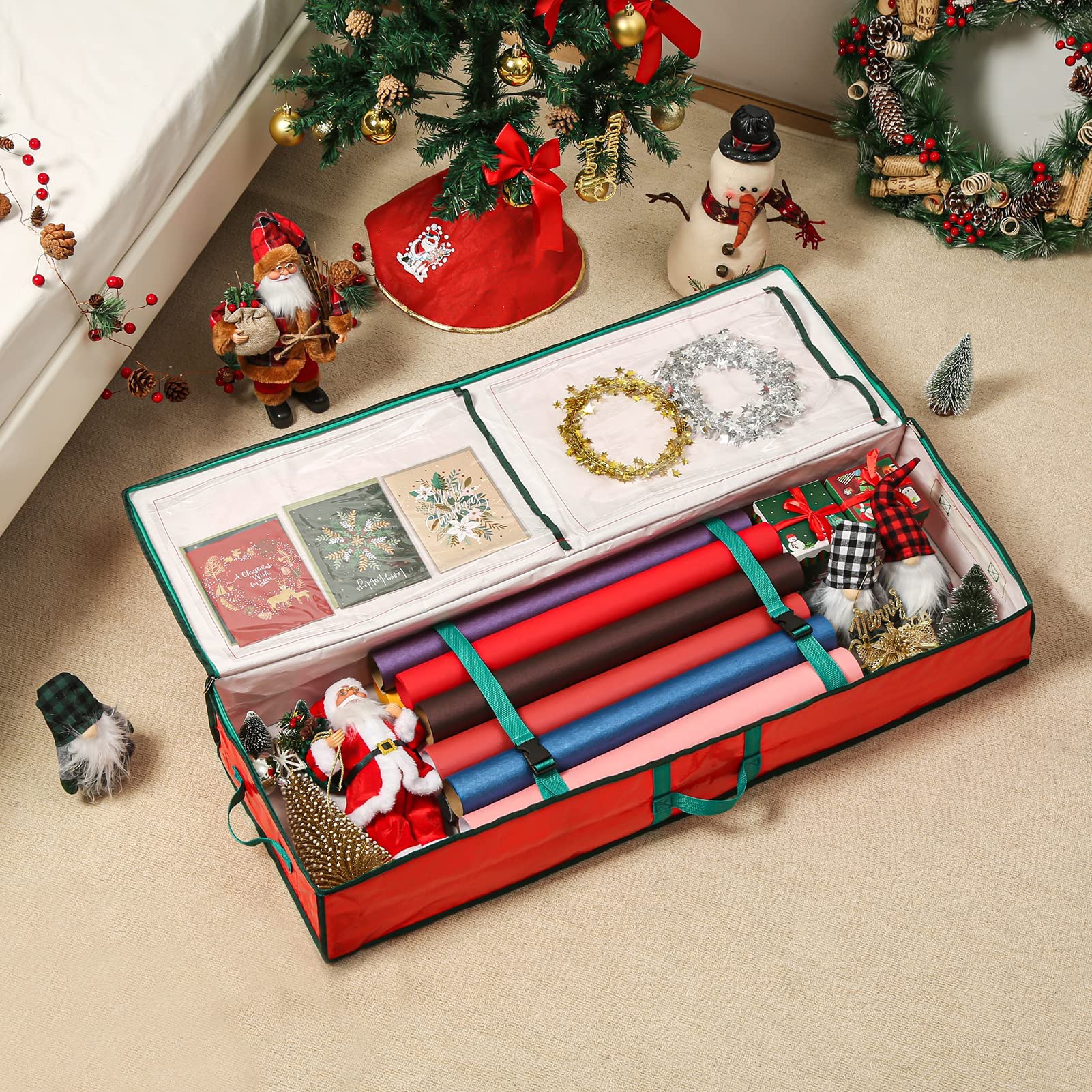 Phedrew Wrapping Paper Storage Bag Container – Fits up to 40" Rolls - Underbed Gift Wrap Organizer Soft Storage Bag for Wrapping Paper Rolls, Ribbon, and Bows, Red