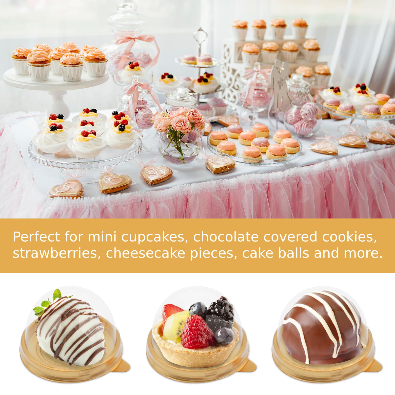 50 Pack Mini Bundt Cake Containers Clear Plastic Cupcake Box with Dome Lids for Chocolate Covered Cookies, Muffin, Cheesecake, Mooncake and Other Mini Desserts (Gold Base)