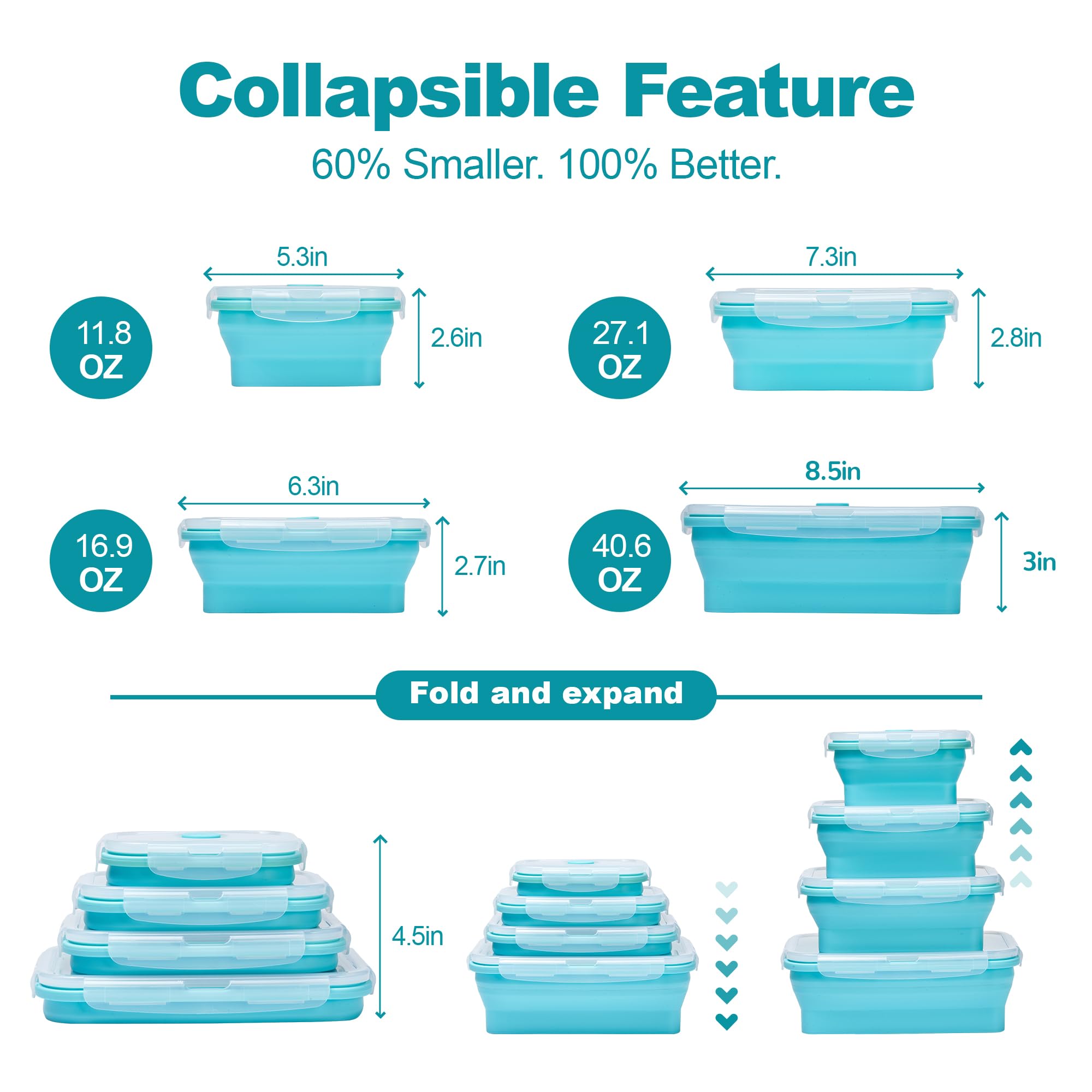 Set of 4 Collapsible Silicone Food Storage Container, Leftover Meal box For Kitchen, Bento Lunch Boxes, BPA Free, Microwave, Dishwasher and Freezer Safe. Foldable Design Saves Your Space.