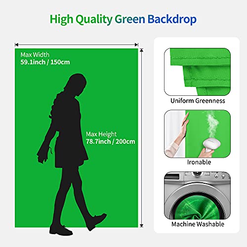 Hemmotop Green Screen Backdrop with Stand Kit for Photography 5x6.5ft, Chromakey Virtual GreenScreen Background Sheet for Zoom YouTube Video Studio Calls, with 5 Clamps