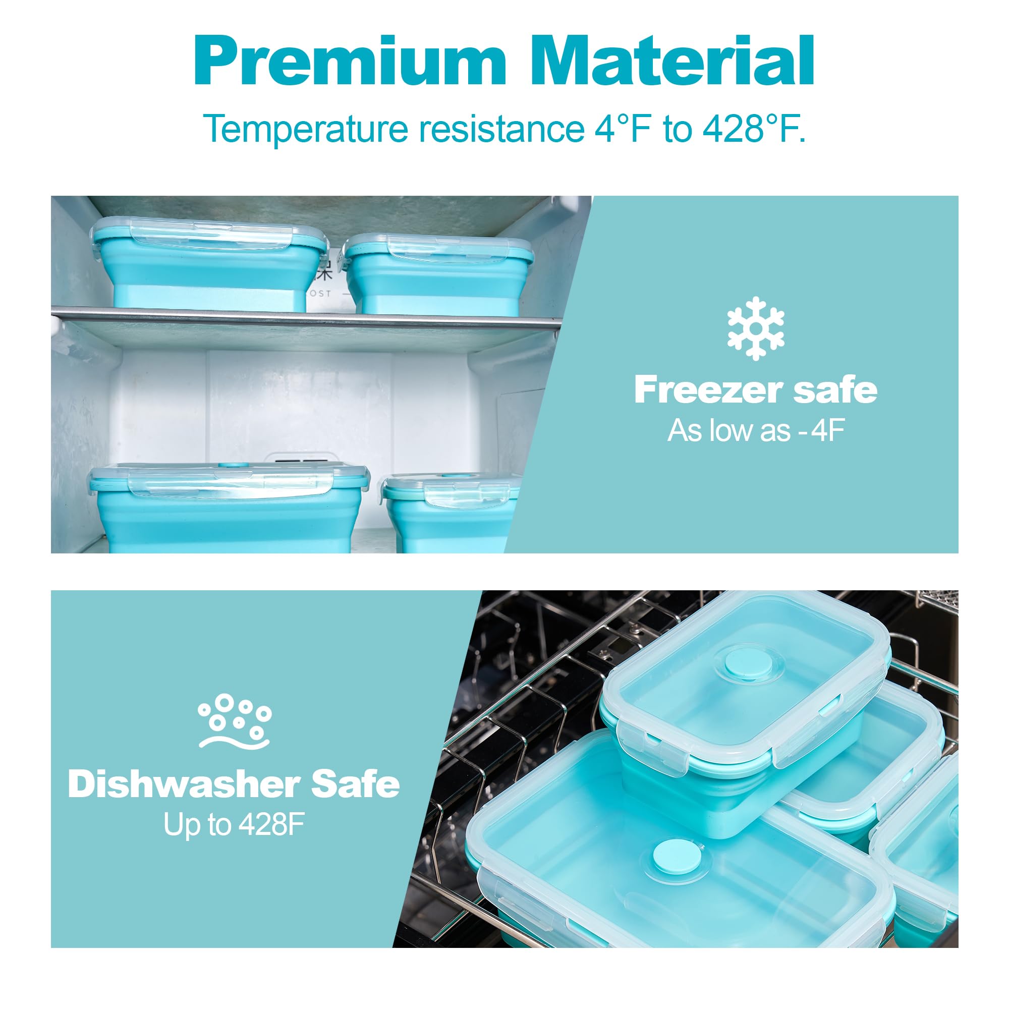Set of 4 Collapsible Silicone Food Storage Container, Leftover Meal box For Kitchen, Bento Lunch Boxes, BPA Free, Microwave, Dishwasher and Freezer Safe. Foldable Design Saves Your Space.