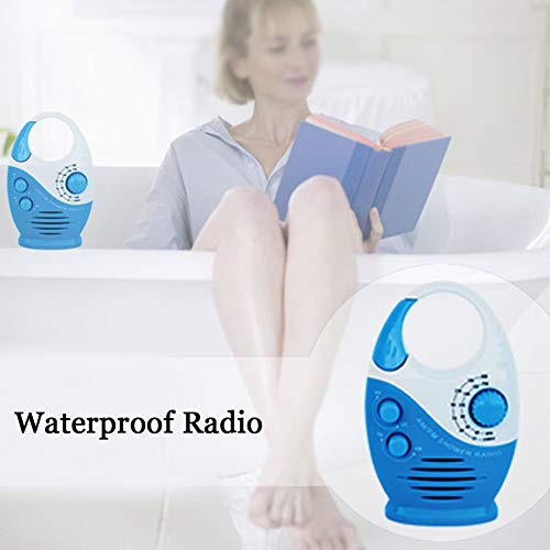 Waterproof Shower Radio, Splash Proof AM/FM Radio with Top Handle for Bathroom Outdoor Use - Built-in Speaker & Adjustable Volume(Blue and White)