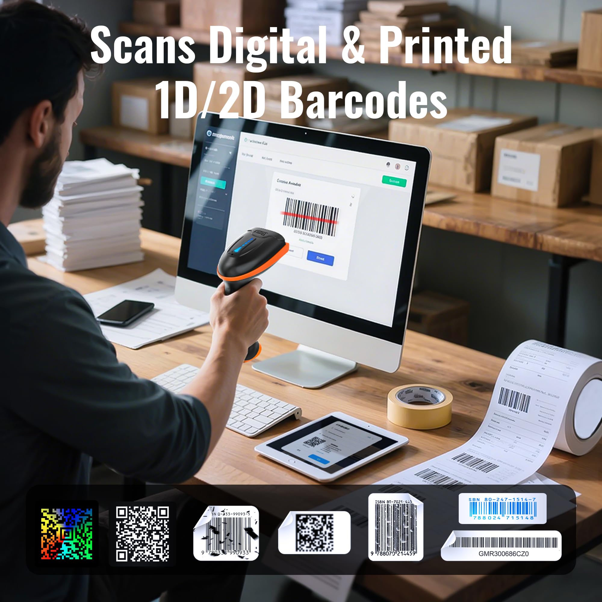 Tera Barcode Scanner Wireless and Wired with Battery Level Indicator 1D 2D QR Digital Printed Bar Code Reader Cordless Handheld Barcode Scanner Compact Plug and Play Model D5100