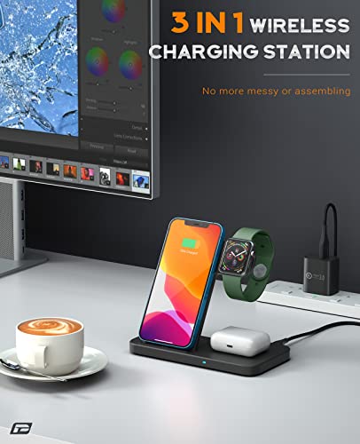 Wireless Charger, PAUCHY 3 In 1 Fast Wireless Charging Station, Qi Wireless Charger for iPhone 13/12/11/Pro/XS/XR, Foldable Wireless Charging Stand Compatible with iWatch 6/SE/5/4/3/2, Airpods 3/2/Pro
