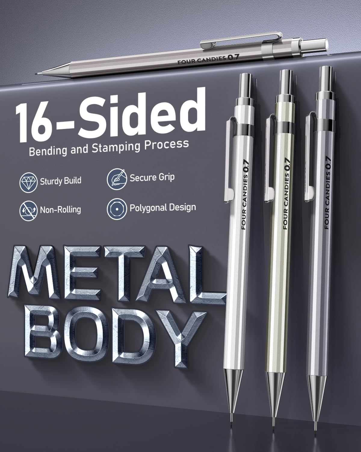 Four Candies 0.7mm Mechanical Pencil Set with Case - 4PCS Metal Mechanical Pencils, 6 Tubes HB #2 Lead Refills, 3PCS 4B Erasers and 9PCS Eraser Refills, Lead Mechanical Pencils for Writing & Drawing
