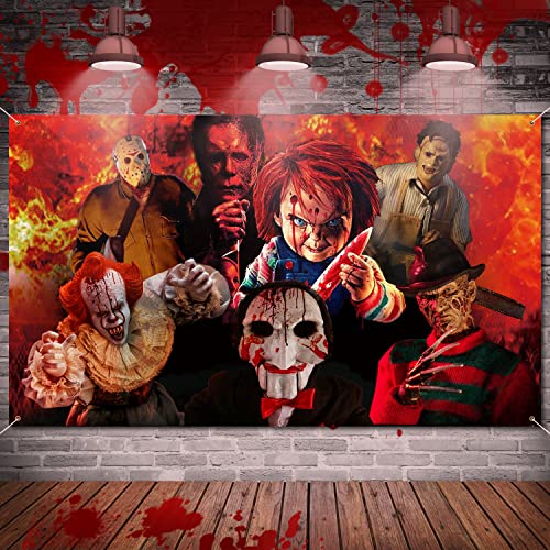 Horror Movie Character Backdrop Banner Horror Decor for Birthday Halloween Party Decorations Classic Scary Movie Character Background for Photo Booth Props Horror Birthday Decorations