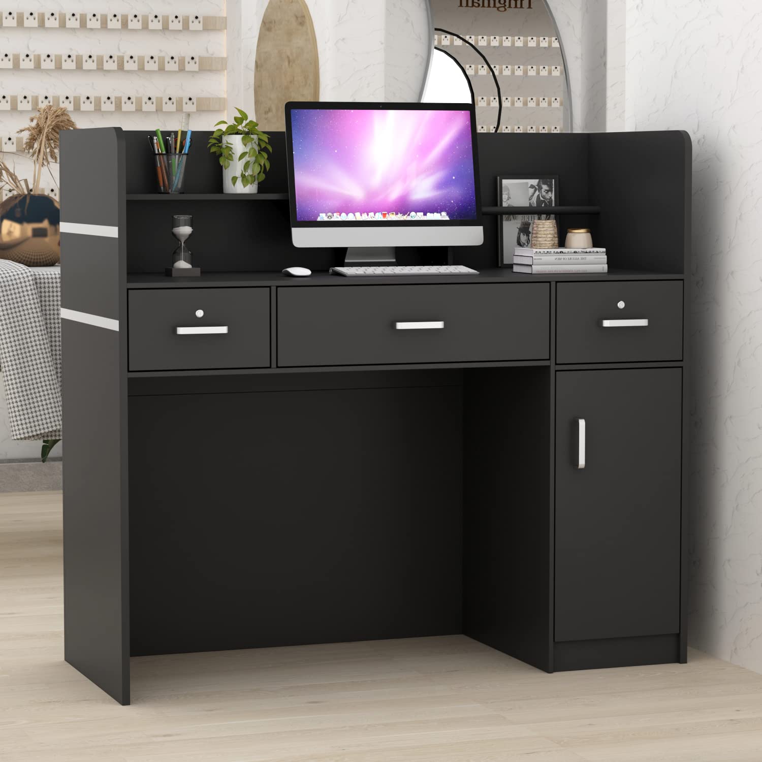 DiDuGo Reception Desk Counter Desk for Checkout & Retail, Front Counter Table with Large Storage, Silver Tapes, for Office Boutique Spa Black (47.3”W x 18.3”D x 43.3”H)