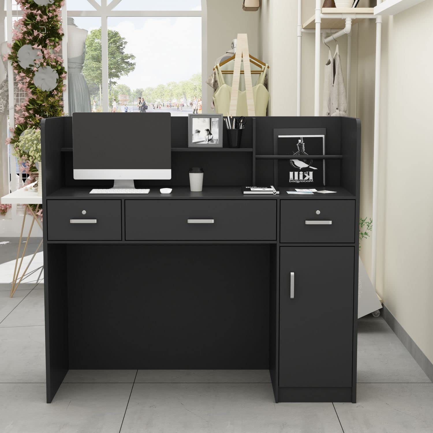 DiDuGo Reception Desk Counter Desk for Checkout & Retail, Front Counter Table with Large Storage, Silver Tapes, for Office Boutique Spa Black (47.3”W x 18.3”D x 43.3”H)