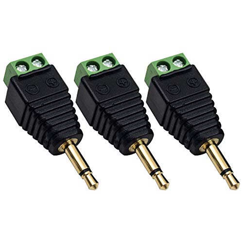 Poyiccot 3.5mm Speaker Wire Screw Terminal Aadapter, 3.5mm (1/8") TS Mono Male to 2 Pin Screw Terminal Female AUX Headphone Balun Solderless Converter Adapter, Gold Plated(3-Pack)