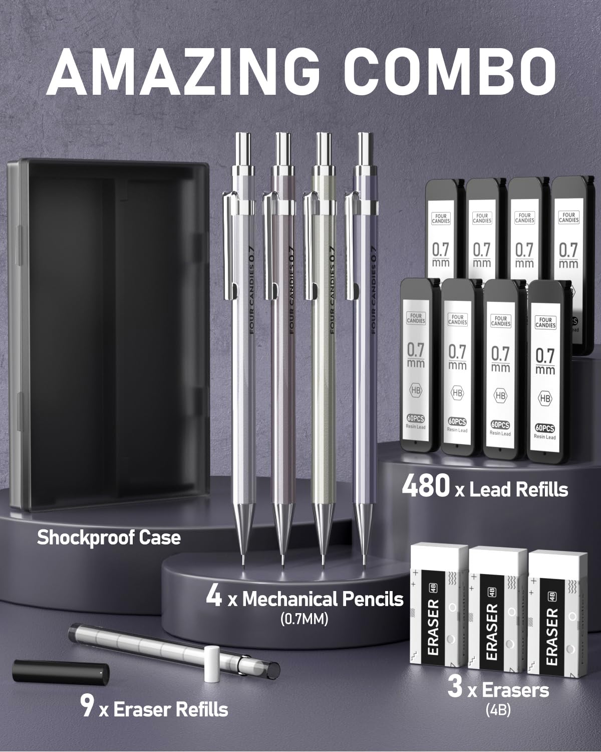 Four Candies 0.7mm Mechanical Pencil Set with Case - 4PCS Metal Mechanical Pencils, 6 Tubes HB #2 Lead Refills, 3PCS 4B Erasers and 9PCS Eraser Refills, Lead Mechanical Pencils for Writing & Drawing