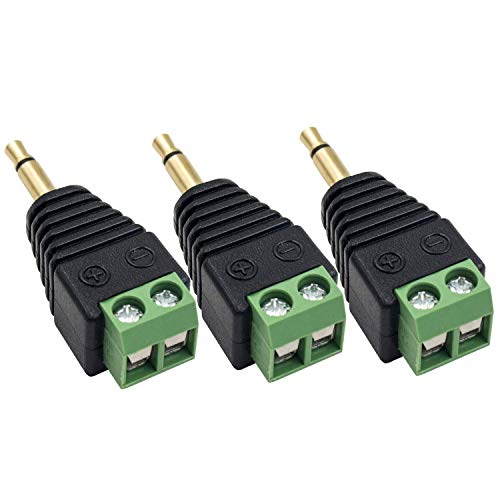 Poyiccot 3.5mm Speaker Wire Screw Terminal Aadapter, 3.5mm (1/8") TS Mono Male to 2 Pin Screw Terminal Female AUX Headphone Balun Solderless Converter Adapter, Gold Plated(3-Pack)