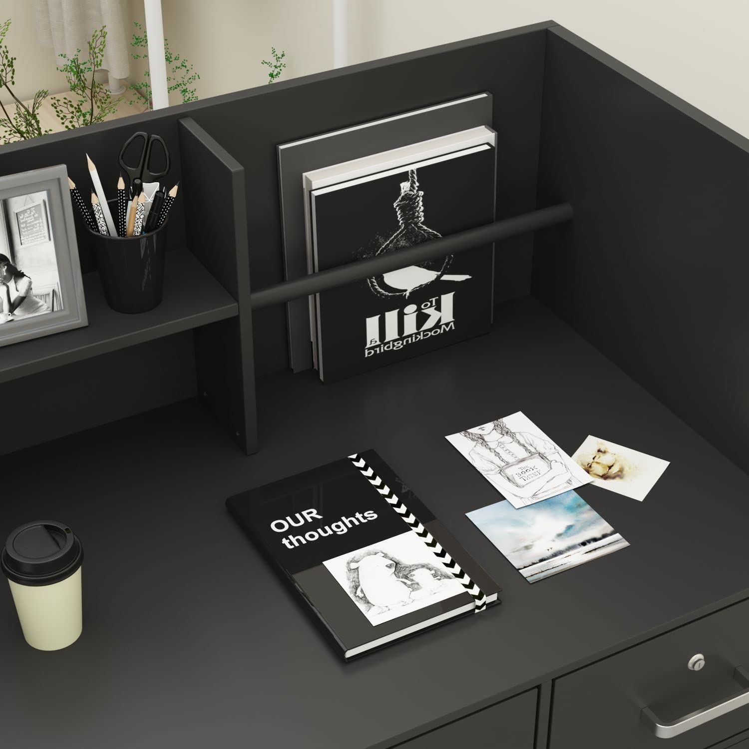 DiDuGo Reception Desk Counter Desk for Checkout & Retail, Front Counter Table with Large Storage, Silver Tapes, for Office Boutique Spa Black (47.3”W x 18.3”D x 43.3”H)