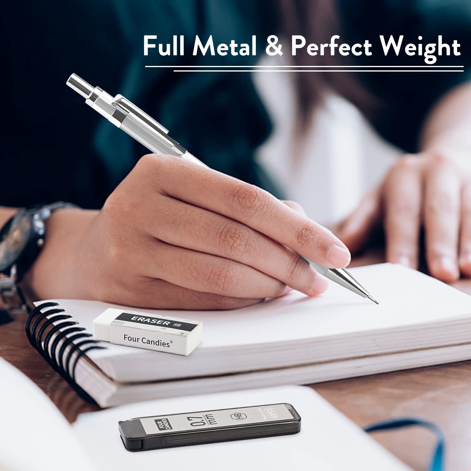 Four Candies 0.7mm Mechanical Pencil Set with Case - 4PCS Metal Mechanical Pencils, 6 Tubes HB #2 Lead Refills, 3PCS 4B Erasers and 9PCS Eraser Refills, Lead Mechanical Pencils for Writing & Drawing