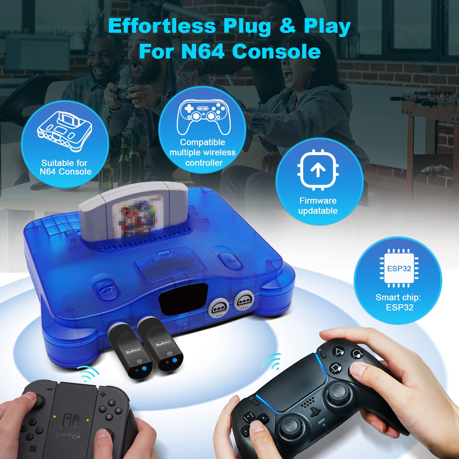 BITFUNX RetroScaler N64 Wireless Controller Adapter - Supports N64 Game Console, Compatible with PS3/PS4/PS5, Xbox One S, Series X/S, Switch Pro Bluetooth Controllers