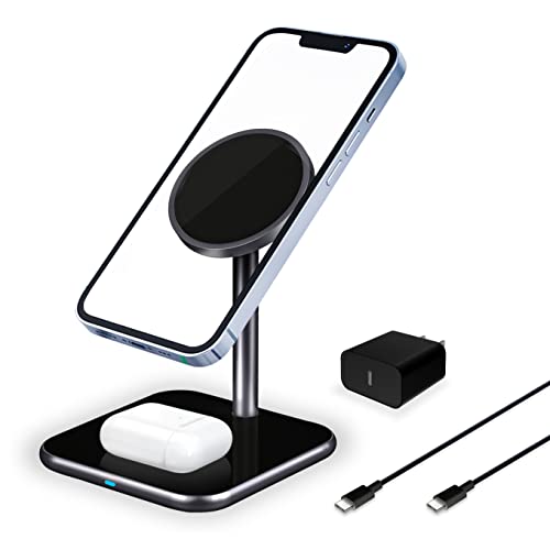 Aluminum 2 in 1 Magnetic Wireless Charger, Neluxfe Fast Charging Station Compatible with MagSafe Stand for iPhone 14, 13, 12, Pro Max and AirPods Pro (Black)
