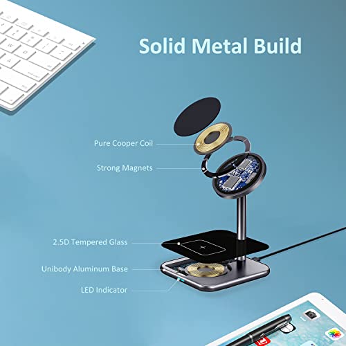Aluminum 2 in 1 Magnetic Wireless Charger, Neluxfe Fast Charging Station Compatible with MagSafe Stand for iPhone 14, 13, 12, Pro Max and AirPods Pro (Black)