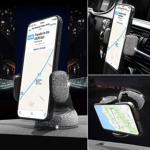 Bling Phone Holder for Car, Girly Rhinestone Car Dashboard Windshield Cell Phone Mount , 360 Degree Adjustable Glitter Sparkly Handcrafted Diamond Car Decor for Women with Air Vent Hook Clip, White