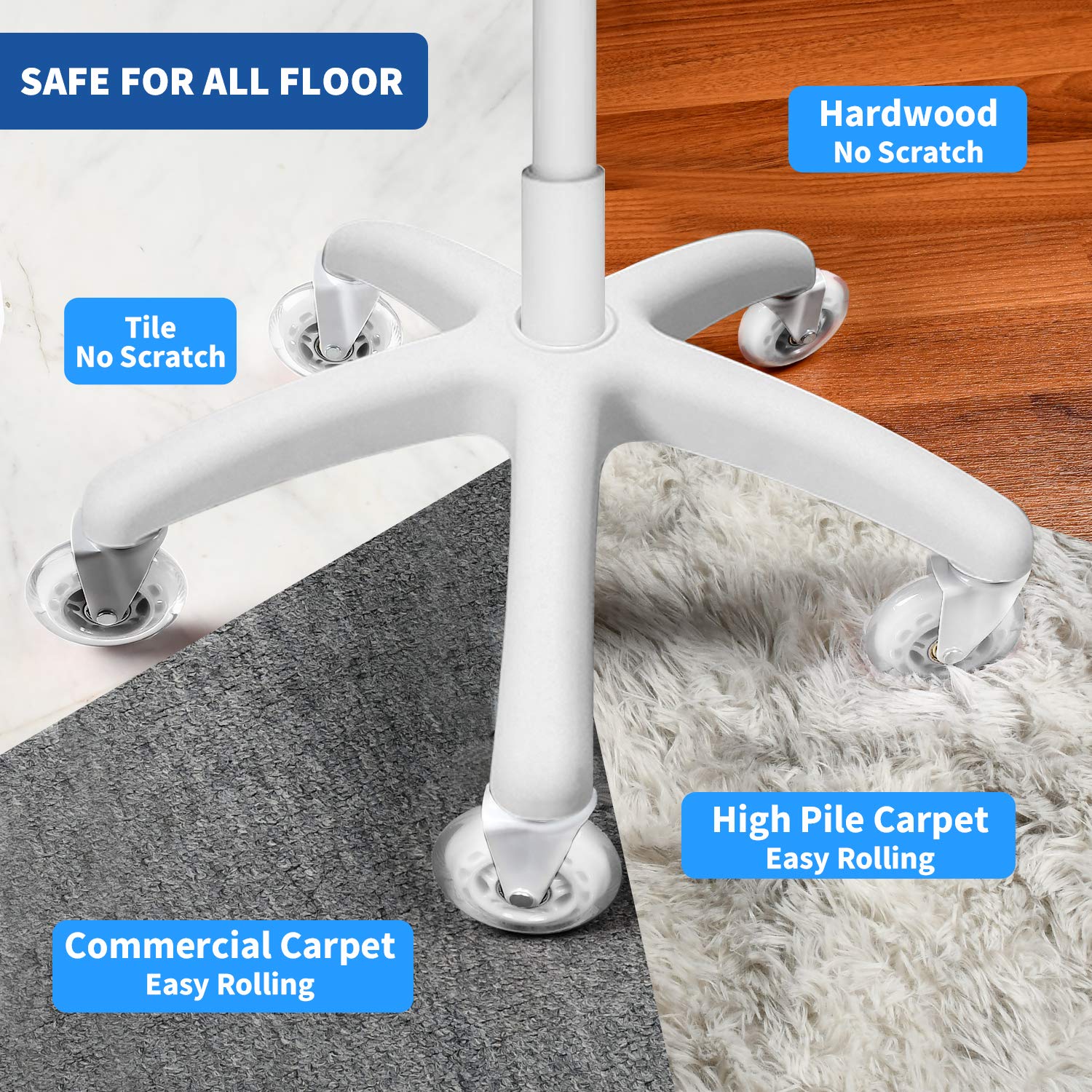 Office Chair Wheels Replacement,(Set of 5) 3'' Rollerblade Wheels Smooth Rolling Heavy Duty Casters Safe for All Floors Including Hardwood - Universal Stem 7/16 Inch, White