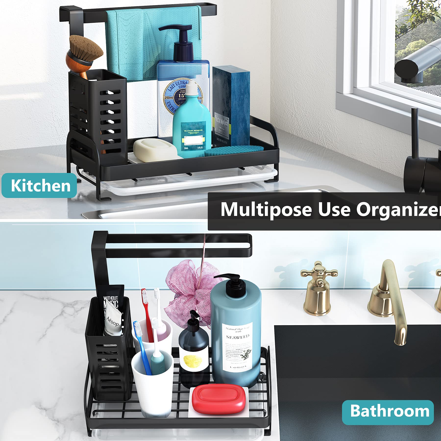 1Easylife Sink Caddy Organizer, Sponge Holder Brush Dishcloth Holder Hanger Kitchen Sink Caddy Black Countertop with Drain Tray for Kitchen Bathroom