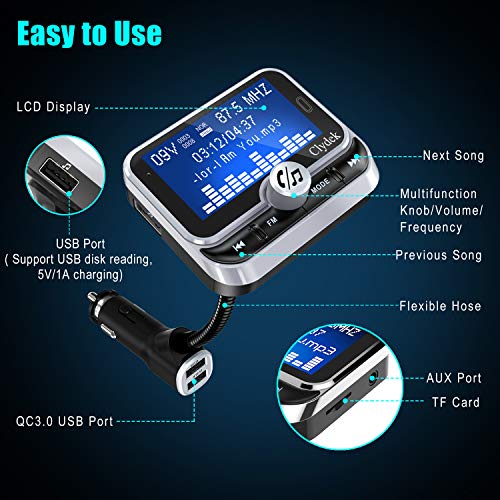 Bluetooth FM Transmitter for Car, Clydek Car Charger Adapter 1.8β Large Display Bluetooth Car Adapter, 4 Music Play Modes,Fast Charger,Hands Free,AUX Input&Output