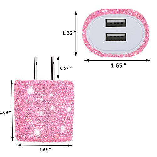 USB Wall Charger Bling 5V/2.4A 24W Dual Port Fast Charger Plug Cell Phone Block Adapter Pink for iPhone Android Samsung iPad Tablet etc.