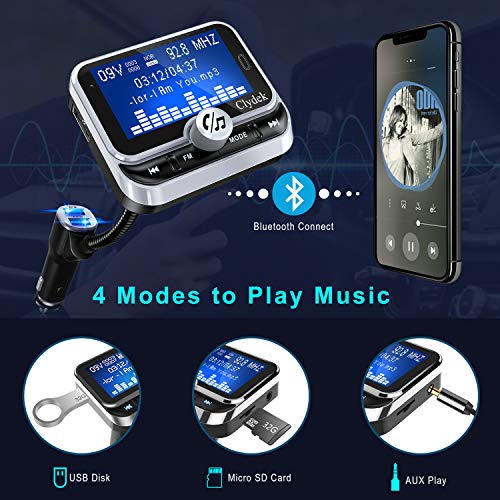 Bluetooth FM Transmitter for Car, Clydek Car Charger Adapter 1.8β Large Display Bluetooth Car Adapter, 4 Music Play Modes,Fast Charger,Hands Free,AUX Input&Output