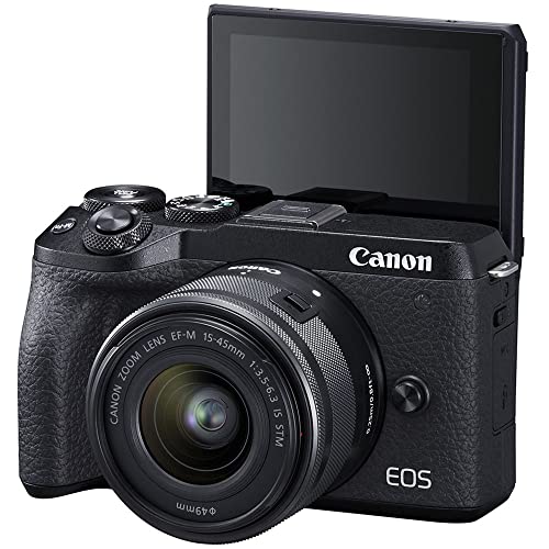 Canon EOS M6 Mark II Mirrorless Digital Camera with 15-45mm Lens and EVF-DC2 Viewfinder (Black) (3611C011) + Canon EF-M Lens Adapter + 4K Monitor + Canon EF 24-70mm Lens + Pro Mic + More (Renewed)