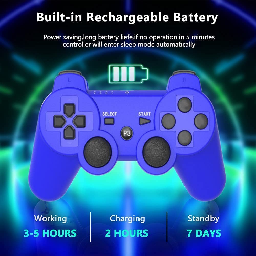 Rzzhgzq 2 Pack PS3 Wireless Controller Playstation 3 Controller Wireless Bluetooth Gamepad with USB Charger Cable for PS3 Console (BLUE+SILVER)