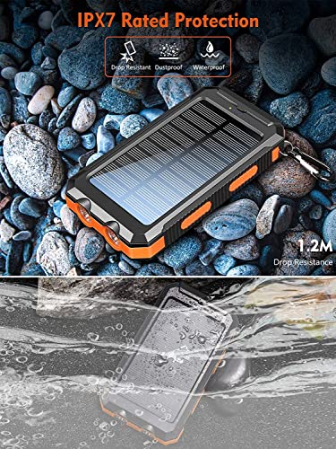 Solar Power Bank 36800mAh Portable Solar Charger 5V3.1A, QC 3.0 Dual 2 USB,LED Flashlights Port Strong LED IPX7 Flashlight,Waterproof, Dustproof, Shockproof (Orange)