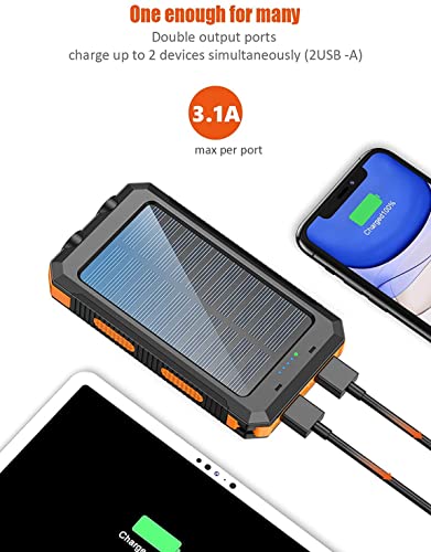 Solar Power Bank 36800mAh Portable Solar Charger 5V3.1A, QC 3.0 Dual 2 USB,LED Flashlights Port Strong LED IPX7 Flashlight,Waterproof, Dustproof, Shockproof (Orange)