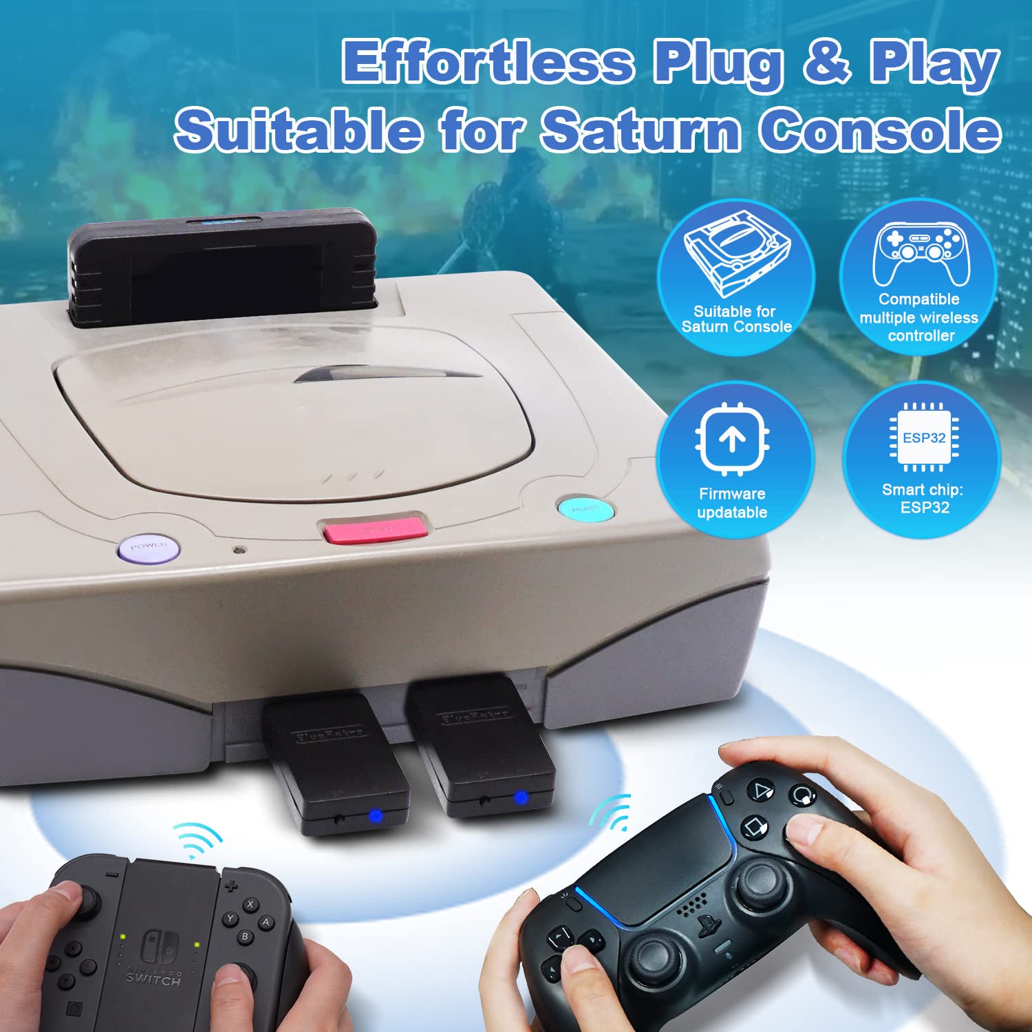 BITFUNX RetroScaler SEGA Saturn Wireless Controller Adapter - Supports SEGA Saturn Game Console, Compatible with PS3/PS4/PS5, Xbox One S, Series X/S, Switch Pro Bluetooth Controllers