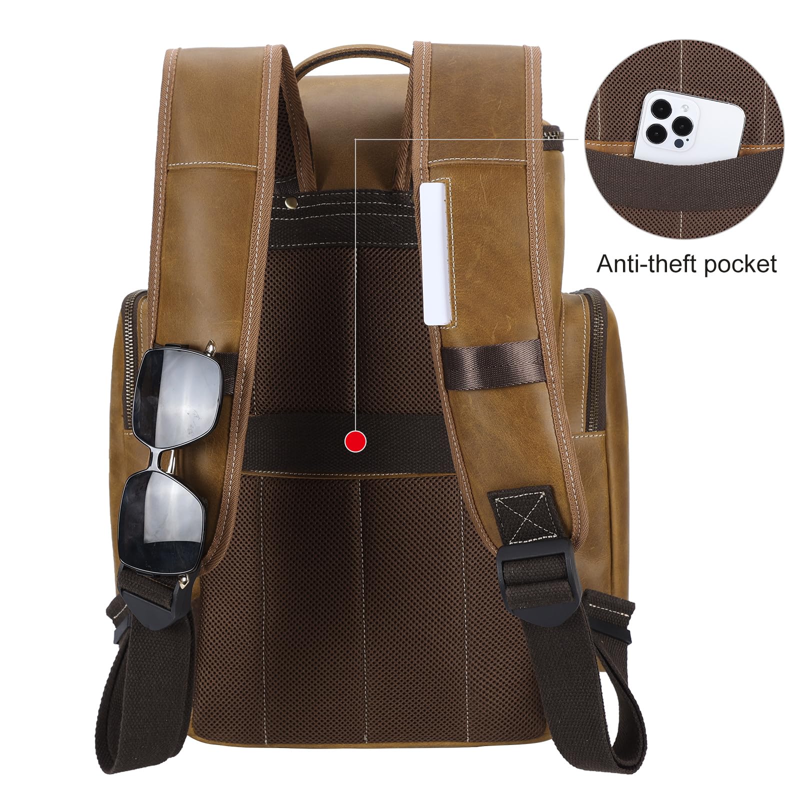 Masa Kawa Leather Backpack for Men 15.6 Inch Laptop Large Capacity Vintage College School Bag Hiking Daypack