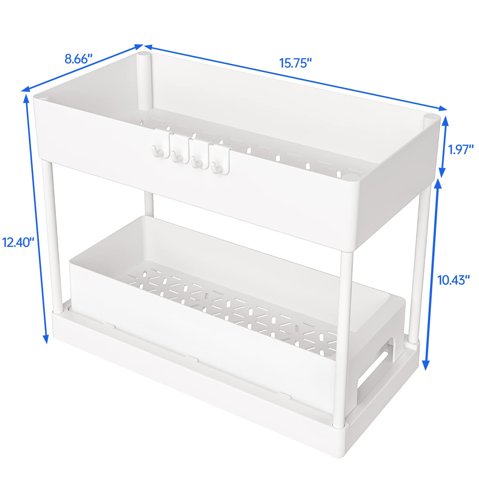 Under Sink Organizers and Storage,2 Tier Under Bathroom Storage Rack with 4 Hooks,Multi-purpose Storage Shelf for Bathroom Kitchen(White)