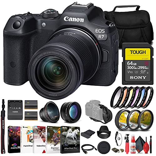Canon EOS R7 Mirrorless Camera with 18-150mm Lens (5137C009) + Sony 64GB Tough SD Card + Filter Kit + Wide Angle Lens + Telephoto Lens + Color Filter Kit + Lens Hood + Bag + Charger + More (Renewed)