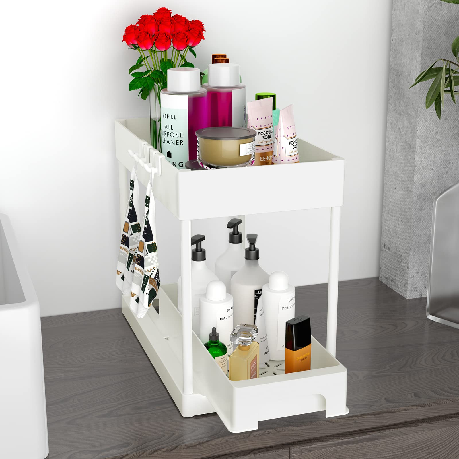 Under Sink Organizers and Storage,2 Tier Under Bathroom Storage Rack with 4 Hooks,Multi-purpose Storage Shelf for Bathroom Kitchen(White)