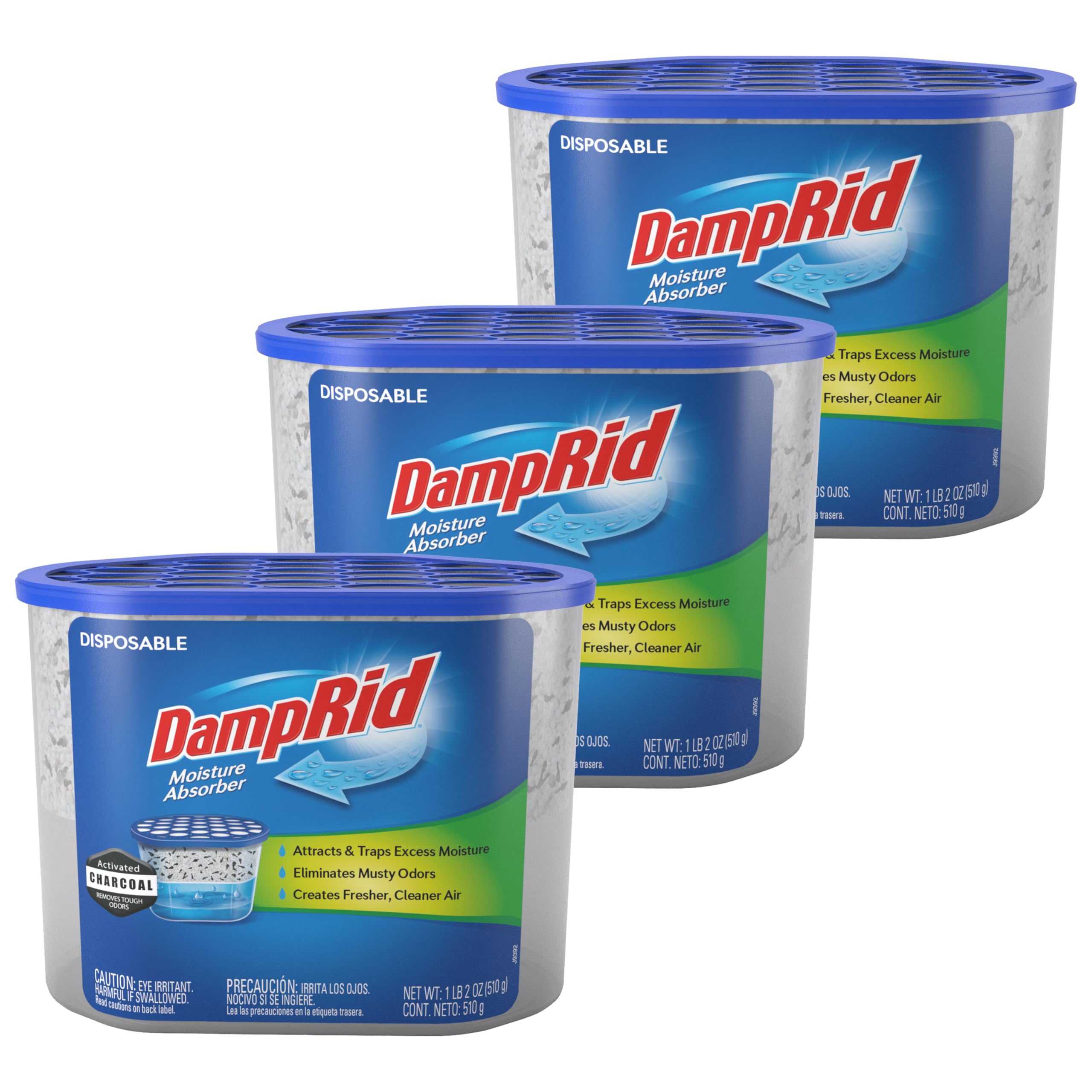 DampRid Disposable Moisture Absorber with Activated Charcoal, 18 oz., 3 Pack, Fragrance Free, Moisture Absorber & Odor Remover, Lasts Up To 60 Days, No Electricity Required