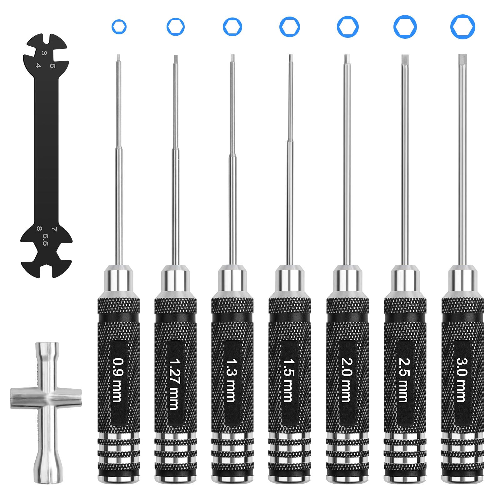 RC Hex Screwdriver Tool Set 0.9mm 1.27mm 1.3mm 1.5mm 2.0mm 2.5mm 3.0mm Hex Allen Screwdriver Kit with Hex Nut Driver & RC Car Wrench Tool Kit for Multi-Axis FPV Racing Drone RC Quadcopter Helicopter