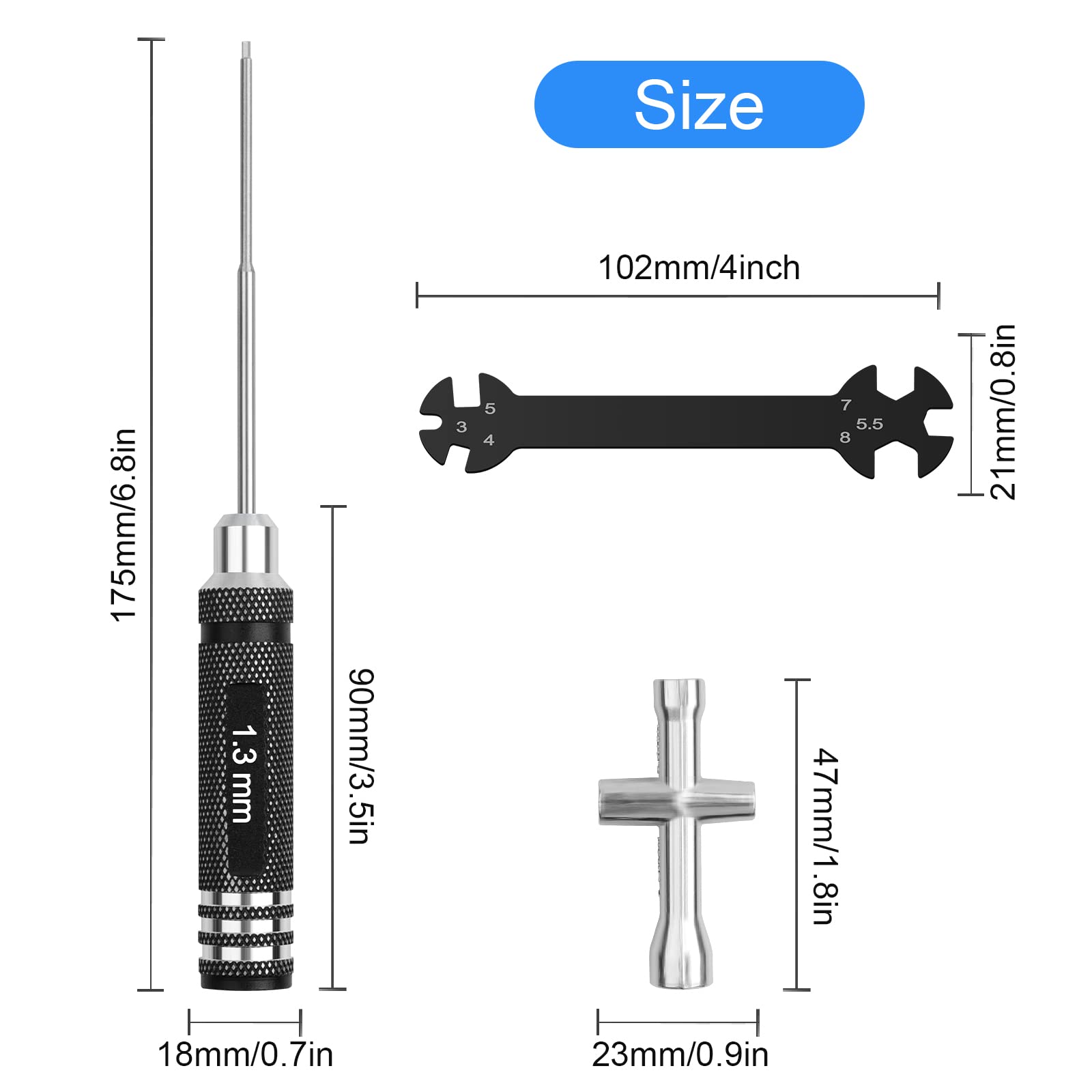RC Hex Screwdriver Tool Set 0.9mm 1.27mm 1.3mm 1.5mm 2.0mm 2.5mm 3.0mm Hex Allen Screwdriver Kit with Hex Nut Driver & RC Car Wrench Tool Kit for Multi-Axis FPV Racing Drone RC Quadcopter Helicopter