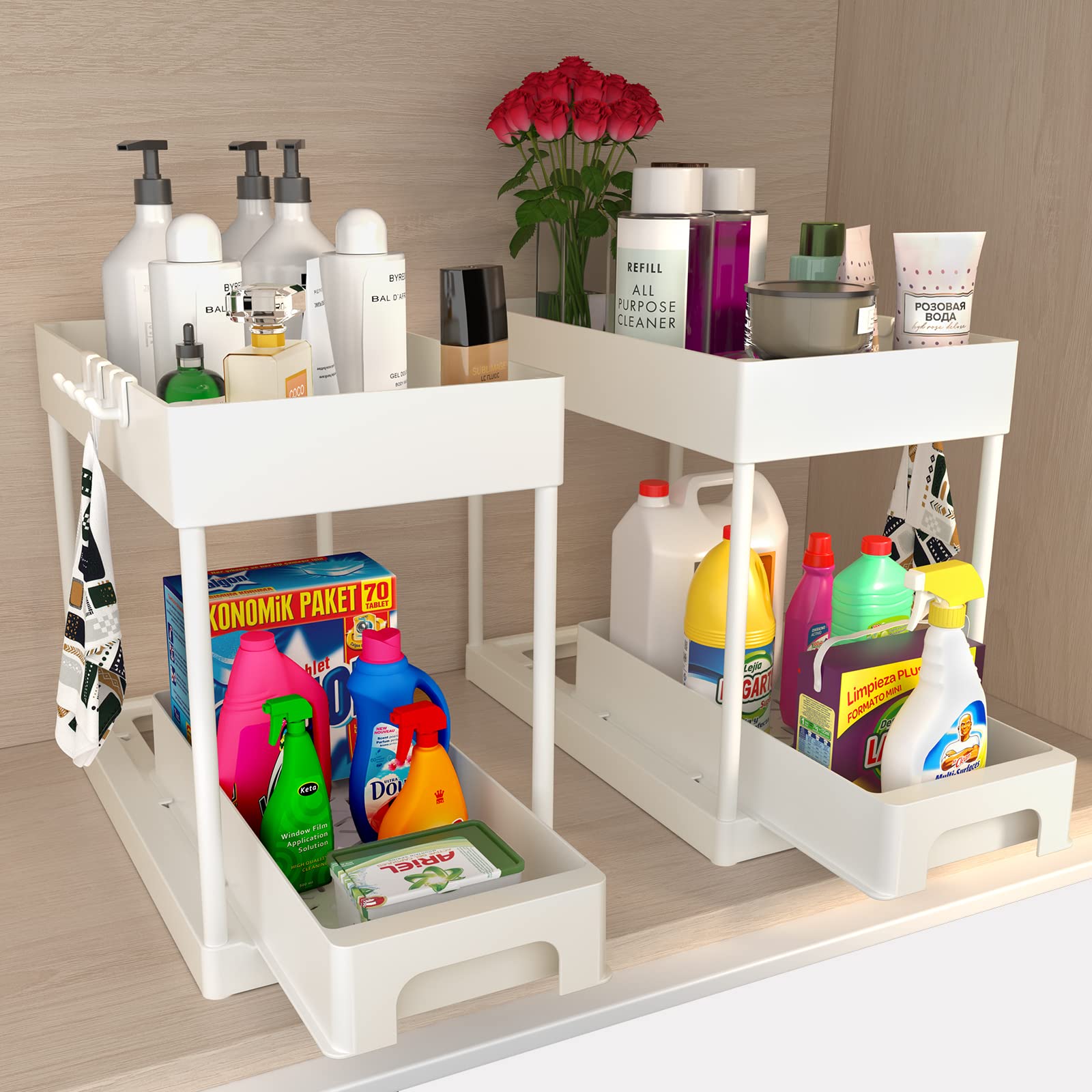 Under Sink Organizers and Storage,2 Tier Under Bathroom Storage Rack with 4 Hooks,Multi-purpose Storage Shelf for Bathroom Kitchen(White)